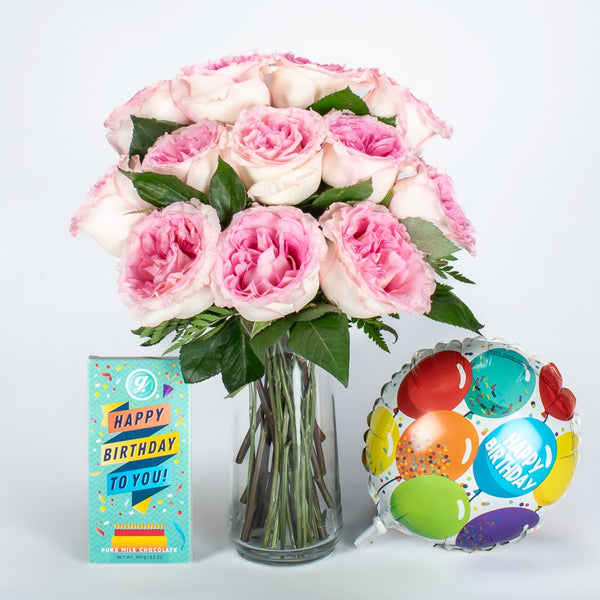 Birthday Pink Roses In A Vase with Chocolate and Balloon - MY BASKETS