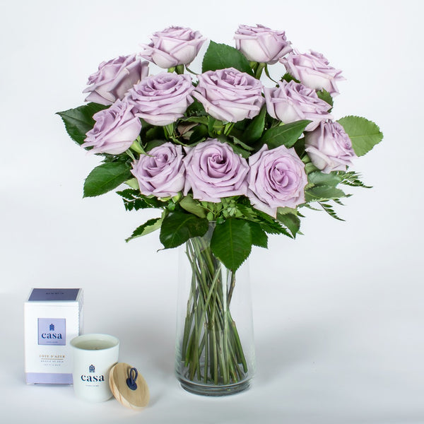 Lavender Roses In Vase With Candle - MY BASKETS