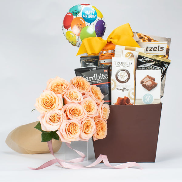 Birthday Gift Basket And Peach Roses Included - MY BASKETS
