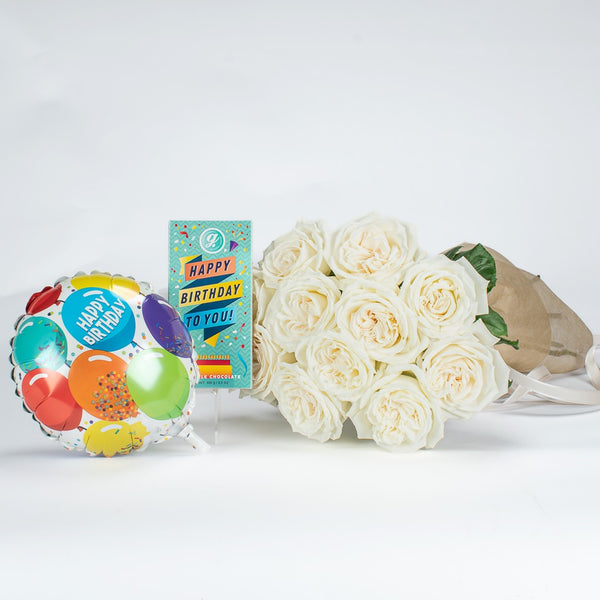 Happy Birthday White Roses With Chocolate and Balloon - MY BASKETS